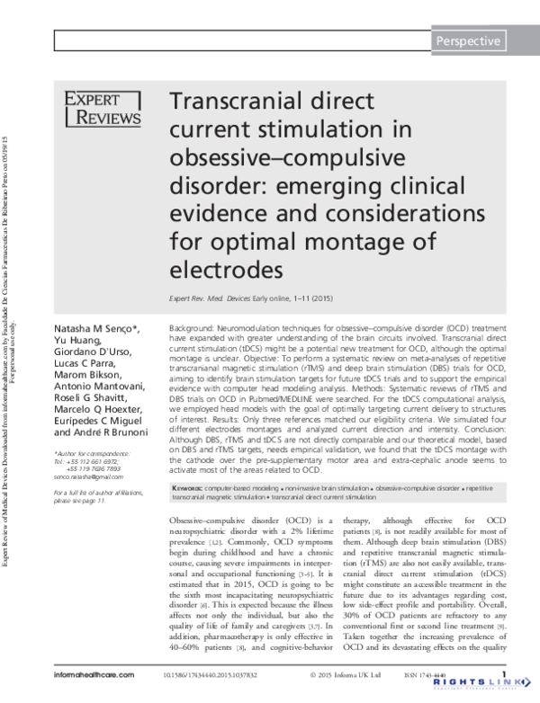 (PDF) Transcranial direct current stimulation in obsessive-compulsive disorder: emerging ...