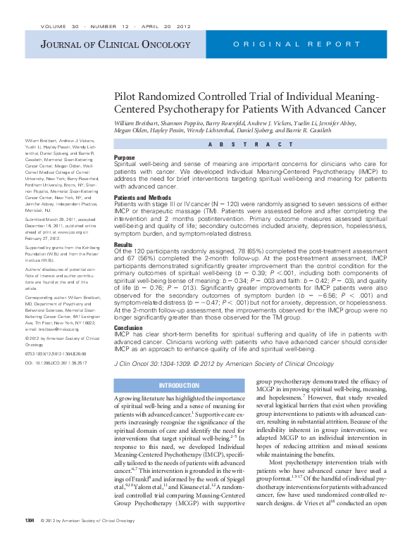 Pdf Pilot Randomized Controlled Trial Of Individual Meaning Centered
