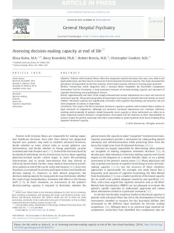 (PDF) Assessing decision-making capacity at end of life
