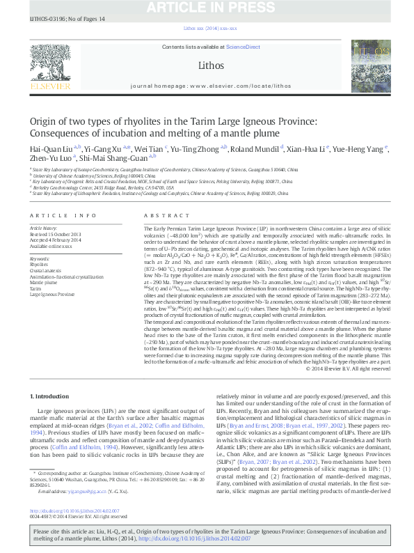 (PDF) Origin of two types of rhyolites in the Tarim Large Igneous ...