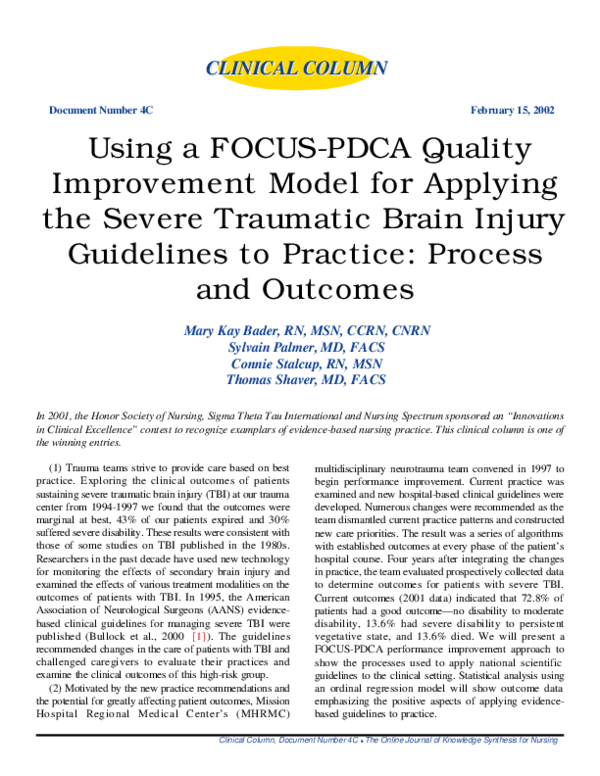 (PDF) Using a FOCUS-PDCA quality improvement model for applying the ...