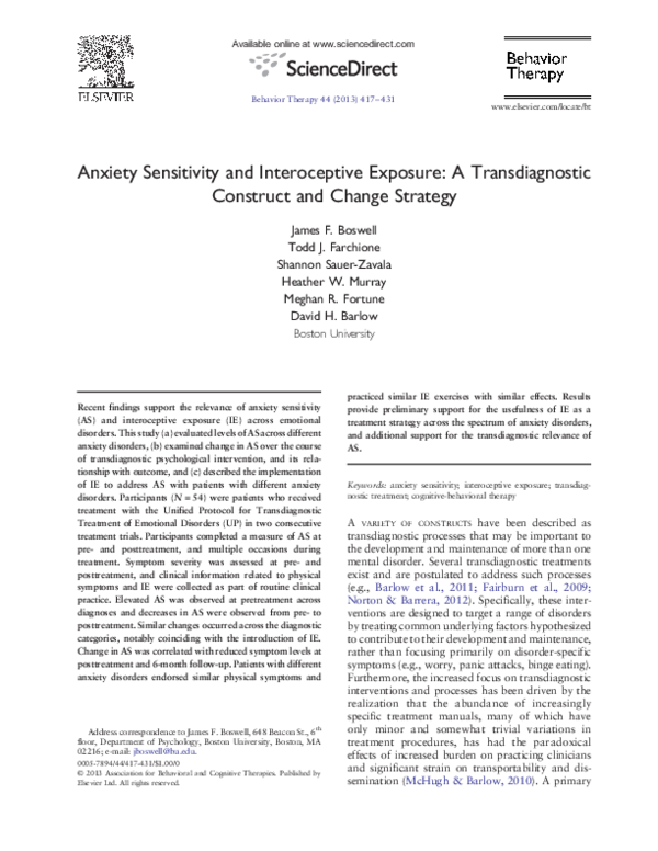 (PDF) Anxiety Sensitivity and Interoceptive Exposure: A Transdiagnostic ...