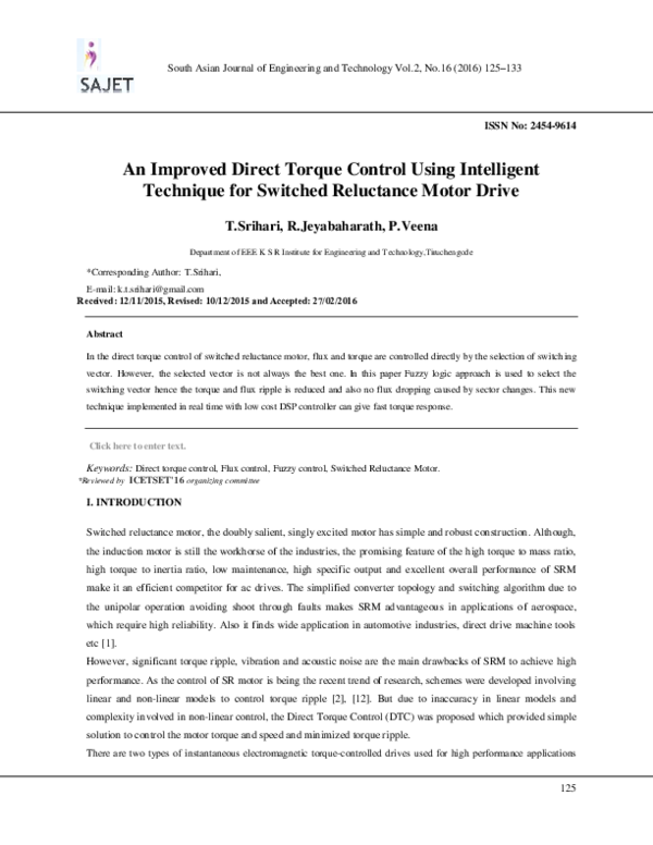 Pdf An Improved Direct Torque Control Using Intelligent Technique For Switched Reluctance