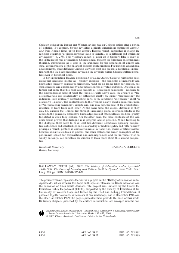 (PDF) Kallaway, Peter (ed.). 2002. The History of Education under ...