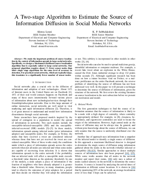 Pdf A Two Stage Algorithm To Estimate The Source Of Information Diffusion In Social Media Networks