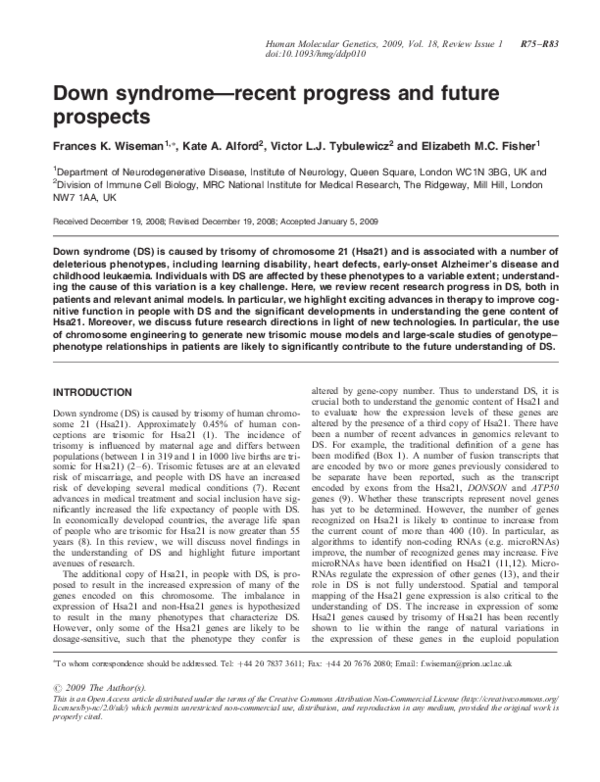(PDF) Down syndrome--recent progress and future prospects