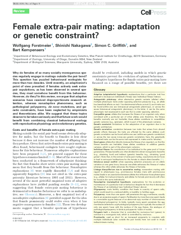 (PDF) Female extra-pair mating: adaptation or genetic constraint?