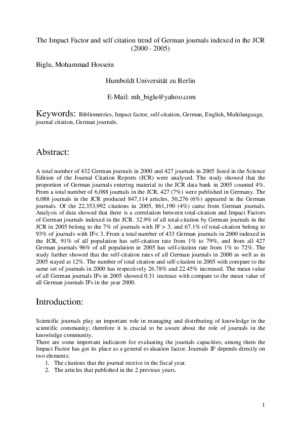(PDF) The Impact Factor and self citation trend of German journals ...