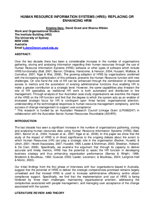 (PDF) Human Resource Information Systems (HRIS): replacing or enhancing HRM