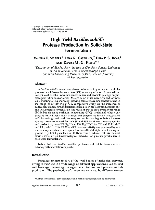 Pdf High Yield Bacillus Subtilis Protease Production By Solid State Fermentation