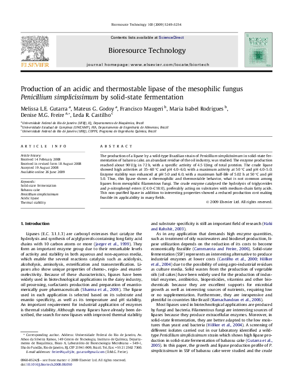 (PDF) Production of an acidic and thermostable lipase of the mesophilic fungus Penicillium ...