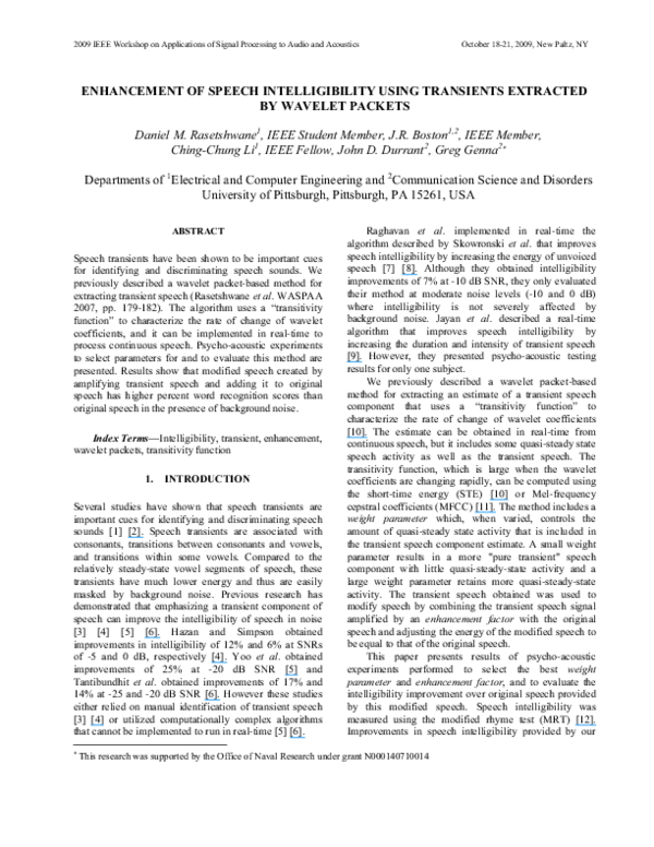 (PDF) Enhancement of speech intelligibility using transients extracted by wavelet packets