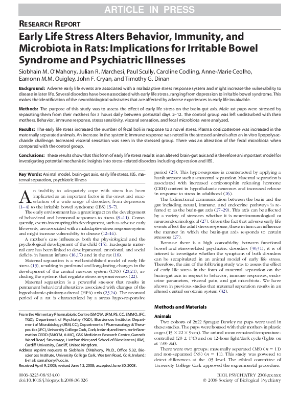 (PDF) Early Life Stress Alters Behavior, Immunity, and Microbiota in ... (PDF) Early Life Stress Alters Behavior, Immunity, and Microbiota in ...
