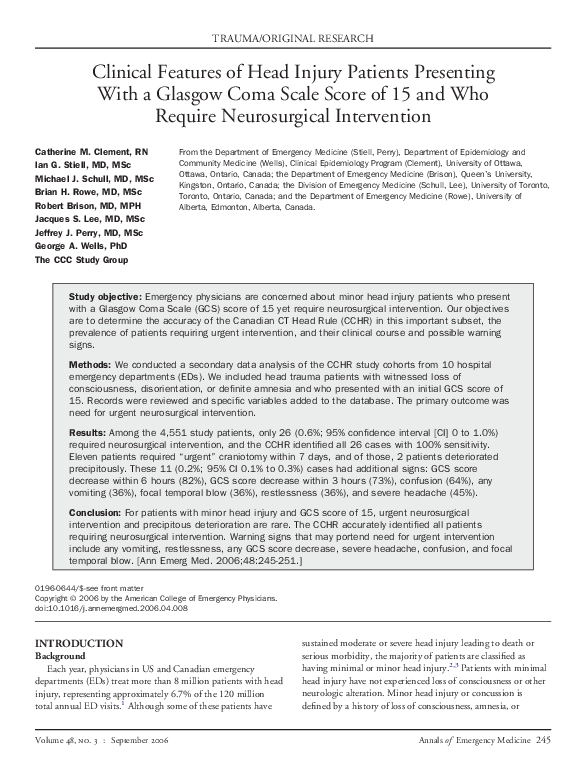 (PDF) Clinical Features of Head Injury Patients Presenting With a ...