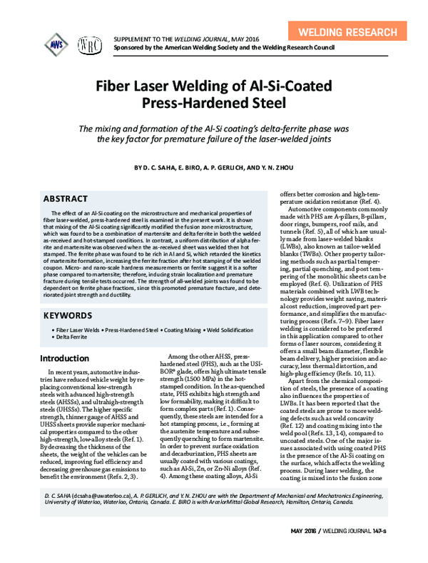 (PDF) Fiber Laser Welding of Al-Si-Coated Press-Hardened Steel | Dulal ...