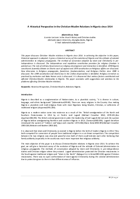 (PDF) A Historical Perspective in the Christian-Muslim Relations in Nigeria since 1914