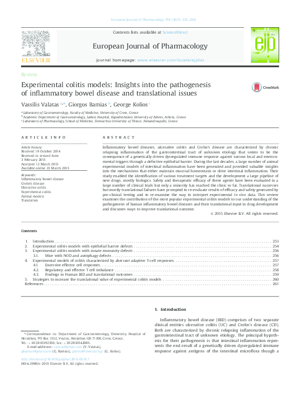 (PDF) Experimental colitis models: Insights into the pathogenesis of ...