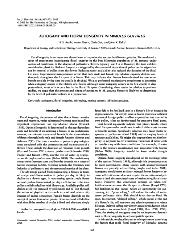 (PDF) Autogamy and Floral Longevity in Mimulus guttatus