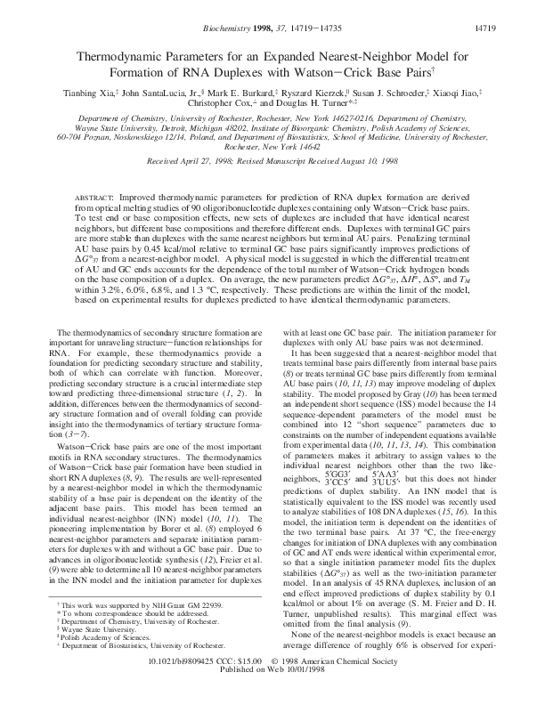 Pdf Thermodynamic Parameters For An Expanded Nearest Neighbor Model