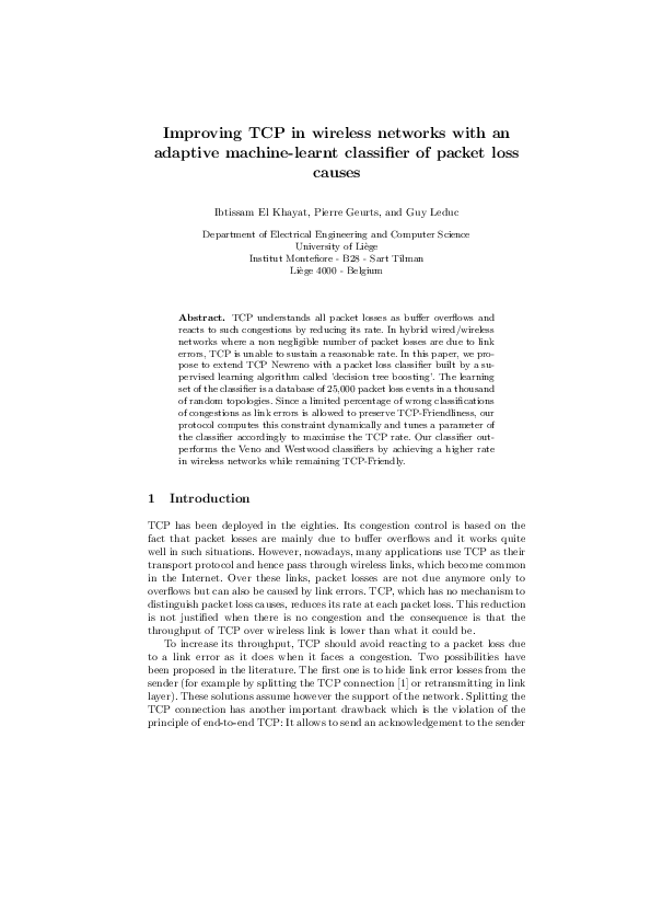 Pdf Improving Tcp In Wireless Networks With An Adaptive Machine Learnt Classifier Of Packet