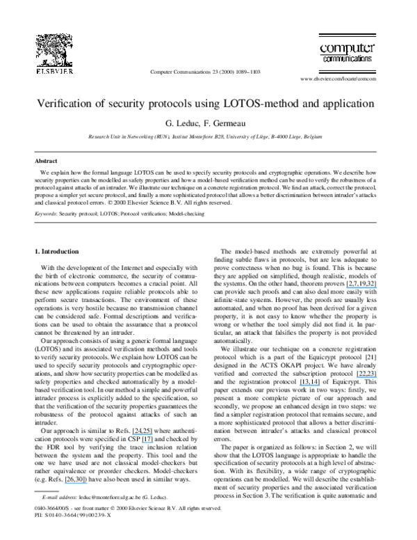 Pdf Verification Of Security Protocols Using Lotos Method And Application