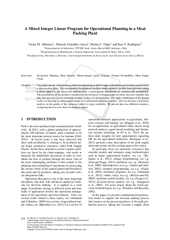 (PDF) A Mixed Integer Linear Program for Operational Planning in a Meat Packing Plant