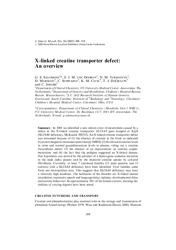 (PDF) X-linked creatine transporter defect: an overview