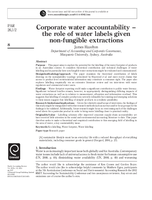 (PDF) Corporate water accountability – the role of water labels given ...