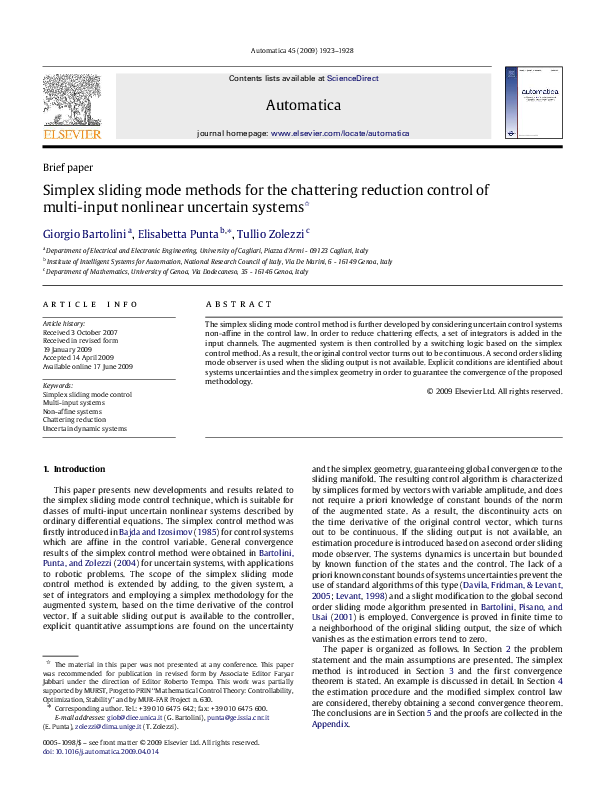 (PDF) Simplex sliding mode methods for the chattering reduction control of multi-input nonlinear ...