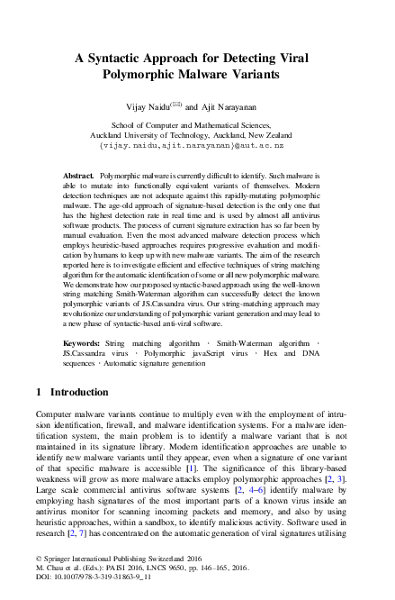 Pdf A Syntactic Approach For Detecting Viral Polymorphic Malware Variants Vijay Naidu Phd