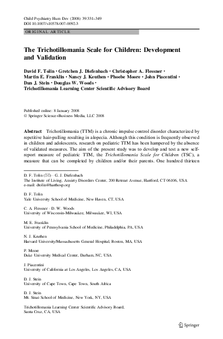 (PDF) The Trichotillomania Scale for Children: Development and Validation