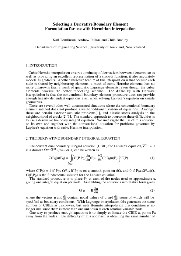 Pdf Selecting A Derivative Boundary Element Formulation For Use With Hermitian Interpolation