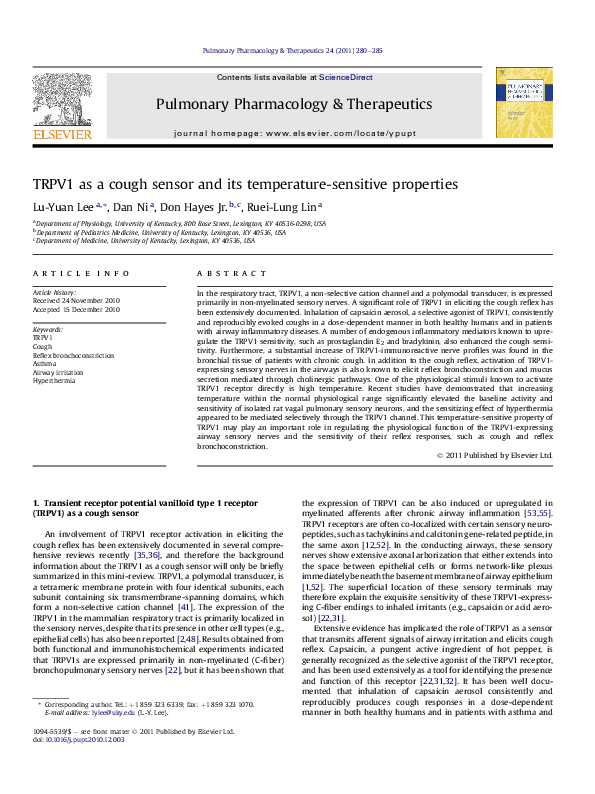 Pdf Trpv1 As A Cough Sensor And Its Temperature Sensitive Properties
