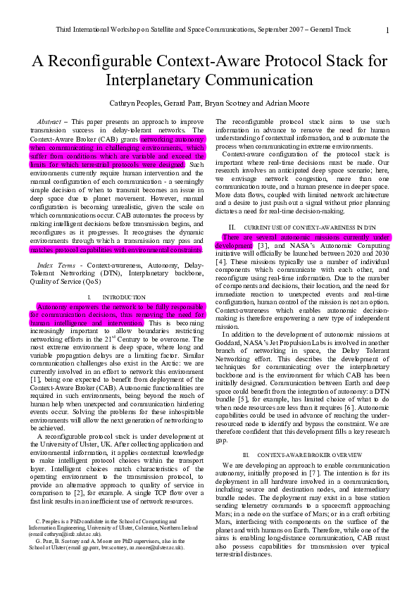 (PDF) A Reconfigurable Context-Aware Protocol Stack for Interplanetary ...
