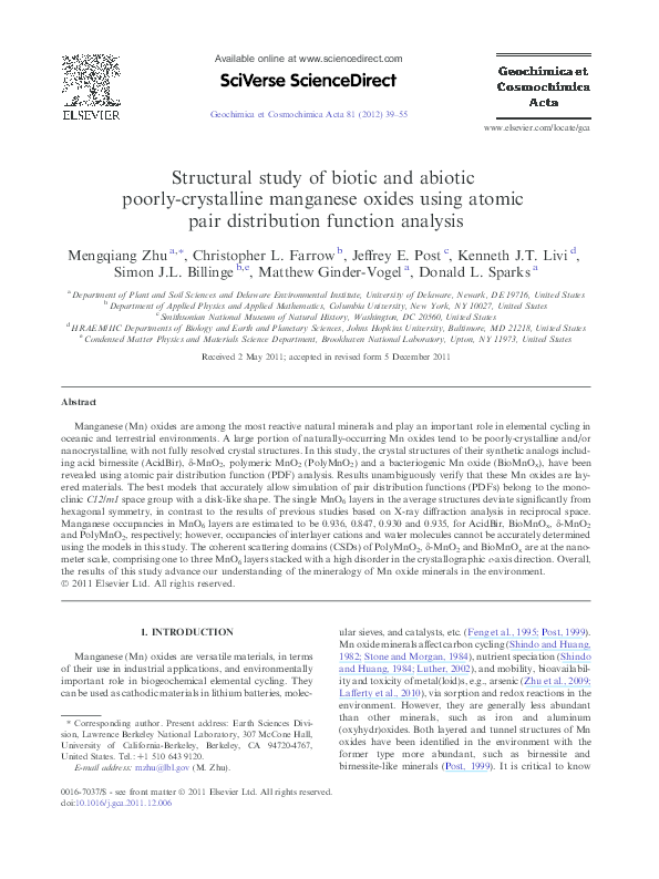 (PDF) Structural study of biotic and abiotic poorly-crystalline manganese oxides using atomic ...
