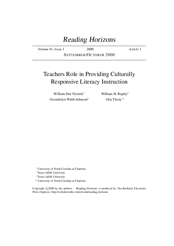 (PDF) Teachers Role in Providing Culturally Responsive Literacy Instruction