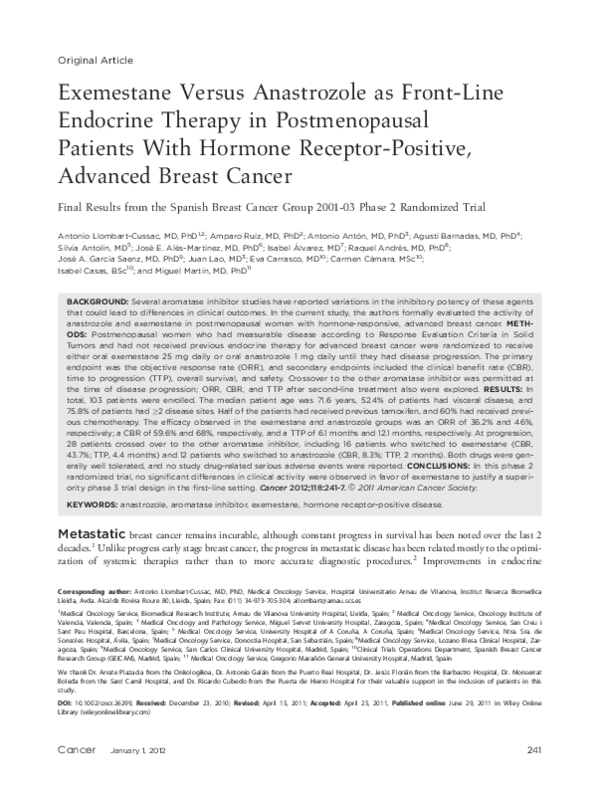 Pdf Exemestane Versus Anastrozole As Front Line Endocrine Therapy In