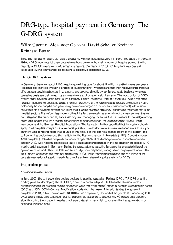 (PDF) DRG-type hospital payment in Germany: The G-DRG system