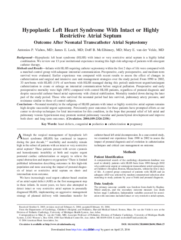 (PDF) Hypoplastic Left Heart Syndrome With Intact or Highly Restrictive ...