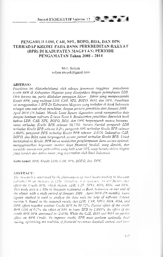 (PDF) Pengaruh LDR, CAR, NPL, BOPO, ROA, DAN DPK Terhadap Kredit Pada Bank Perkreditan Rakyat ...