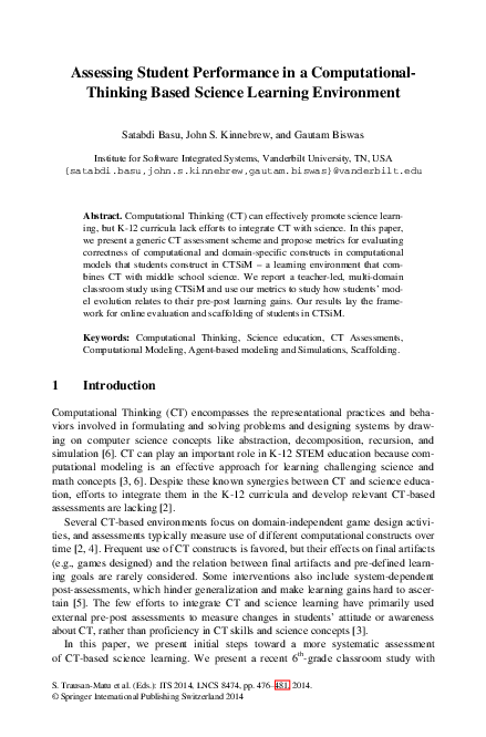 (PDF) Assessing Student Performance in a Computational-Thinking Based Science Learning Environment
