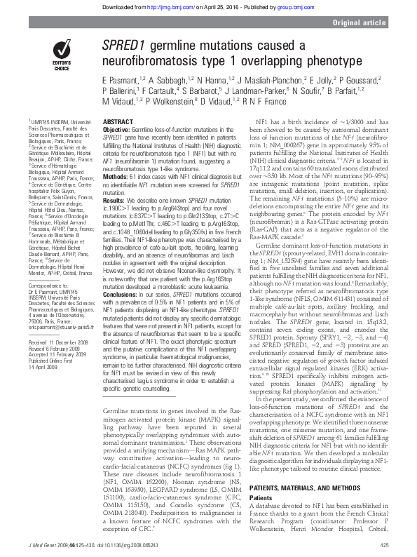 (PDF) SPRED1 germline mutations caused a neurofibromatosis type 1 ...