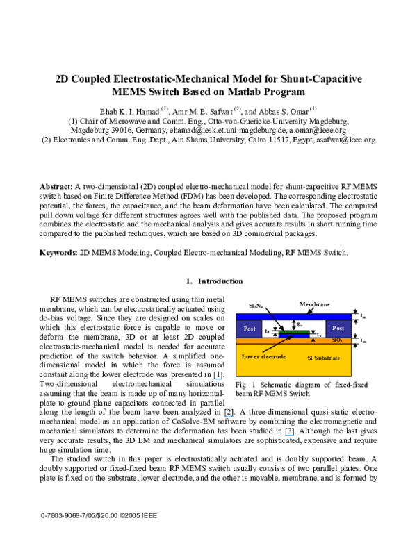 (PDF) 2D Coupled Electrostatic-Mechanical Model for Shunt-Capacitive MEMS Switch Based on Matlab ...