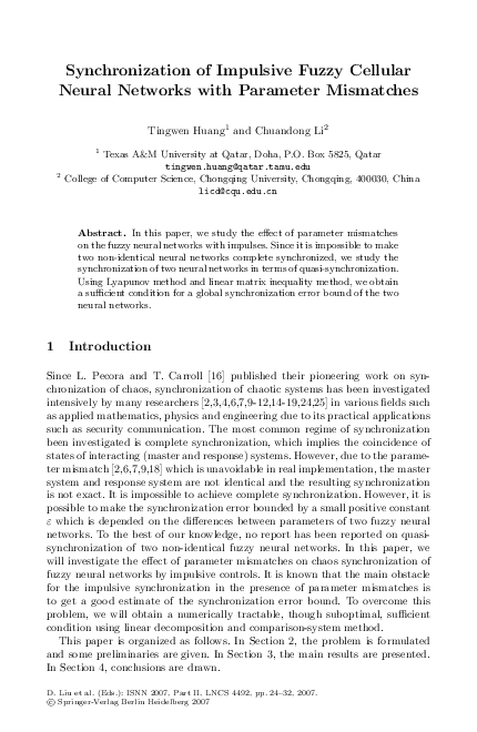 Pdf Synchronization Of Impulsive Fuzzy Cellular Neural Networks With Parameter Mismatches