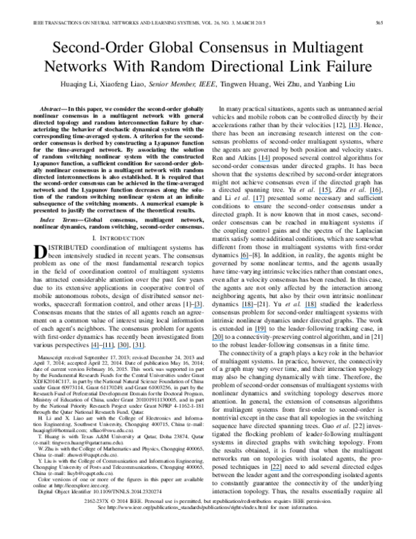 (PDF) Second-Order Global Consensus in Multiagent Networks With Random Directional Link Failure