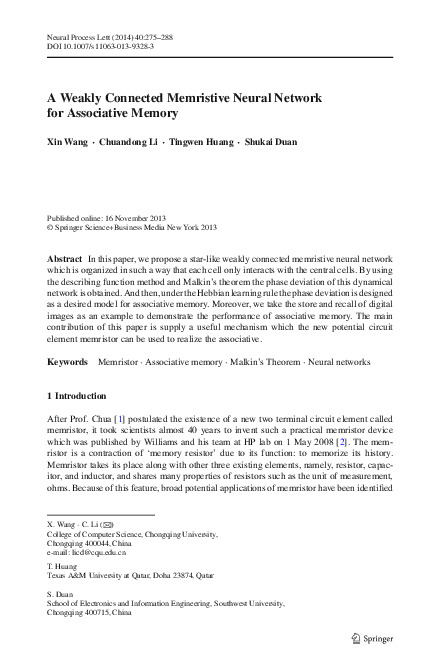 Pdf A Weakly Connected Memristive Neural Network For Associative Memory