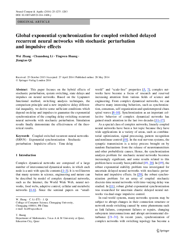 Pdf Global Exponential Synchronization For Coupled Switched Delayed Recurrent Neural Networks