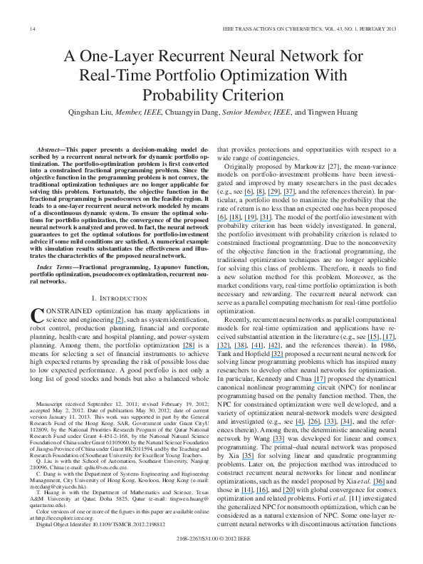 (PDF) A One-Layer Recurrent Neural Network for Real-Time Portfolio Optimization With Probability ...