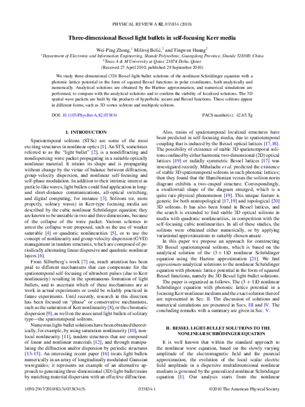 (PDF) Three-dimensional Bessel light bullets in self-focusing Kerr media