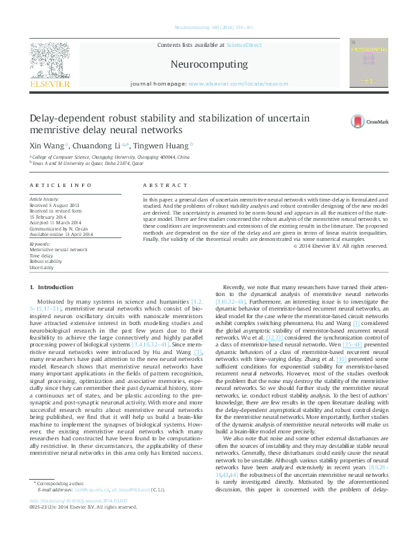 (PDF) Delay-dependent robust stability and stabilization of uncertain memristive delay neural ...